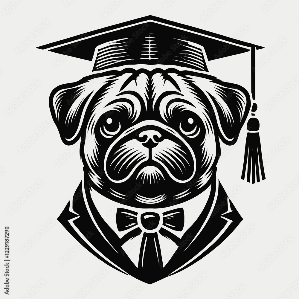 A cartoonish pug wearing a graduation cap and bow tie, symbolizing ...