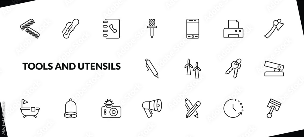 outline tools and utensils icons set. editable linear rubber bands ...