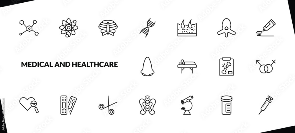 outline medical and healthcare icons set. editable linear atomic ...
