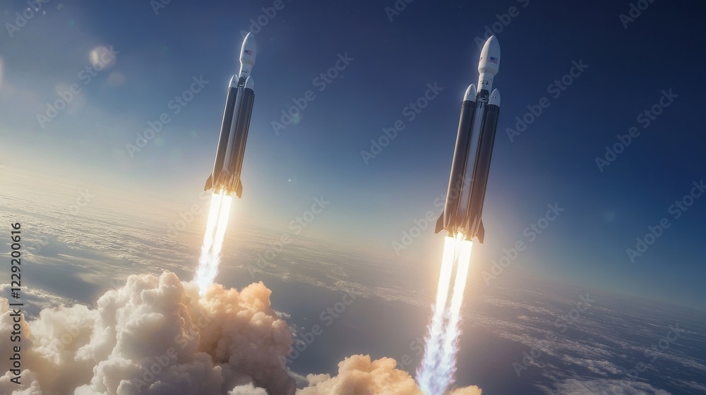 Foto de Stock Heavy reusable rockets launching into space, featuring ...