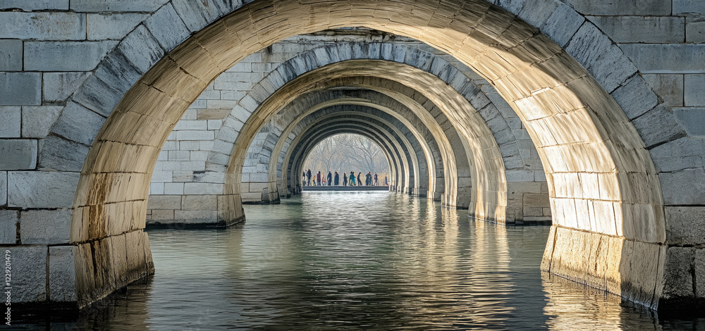 A modern bridge spanning calm water. The design of the bridge is very ...