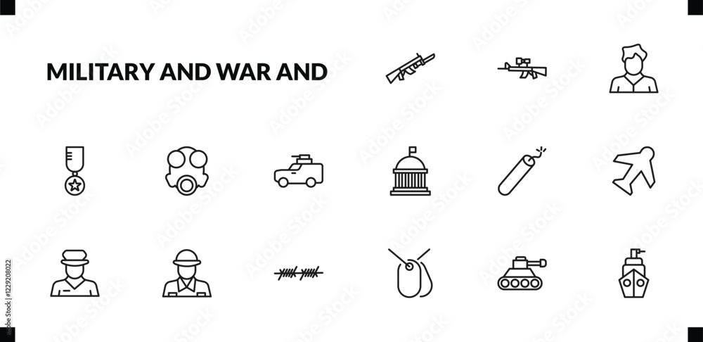 outline military and war and icons set. editable linear air force ...