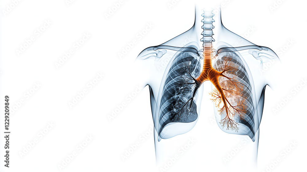 X ray image of chest showing heart and lungs, highlighting respiratory ...