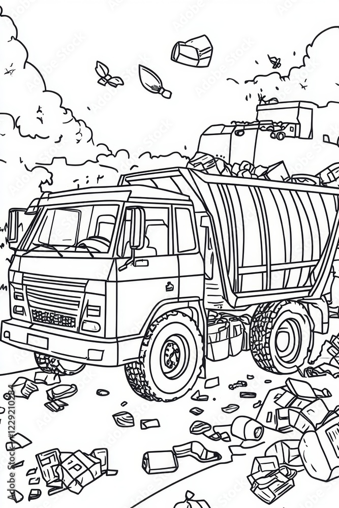 Garbage Truck and Litter on the Road - Coloring Page . Children ...