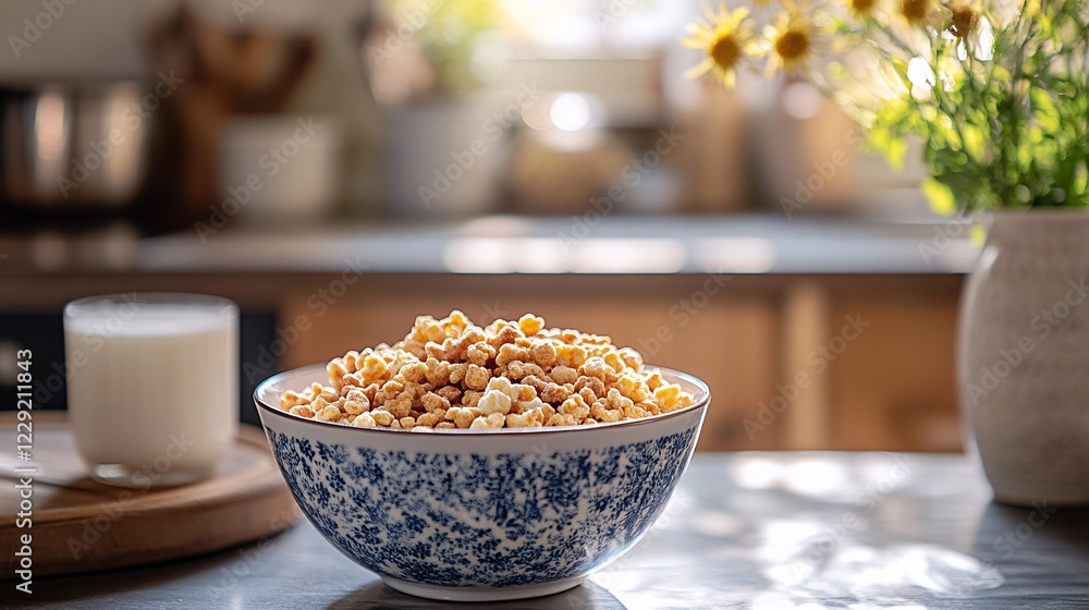 Blank cereal box mockup in a cozy kitchen setting, with a bowl of ...
