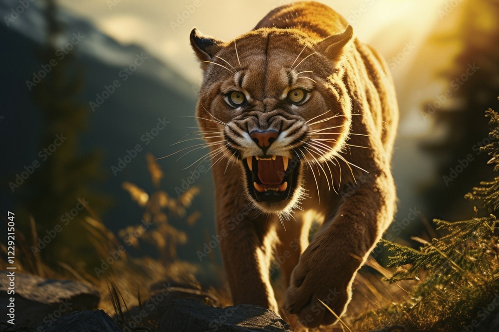 Close-up, A cougar, angry mountain lion in the forest bares its teeth ...