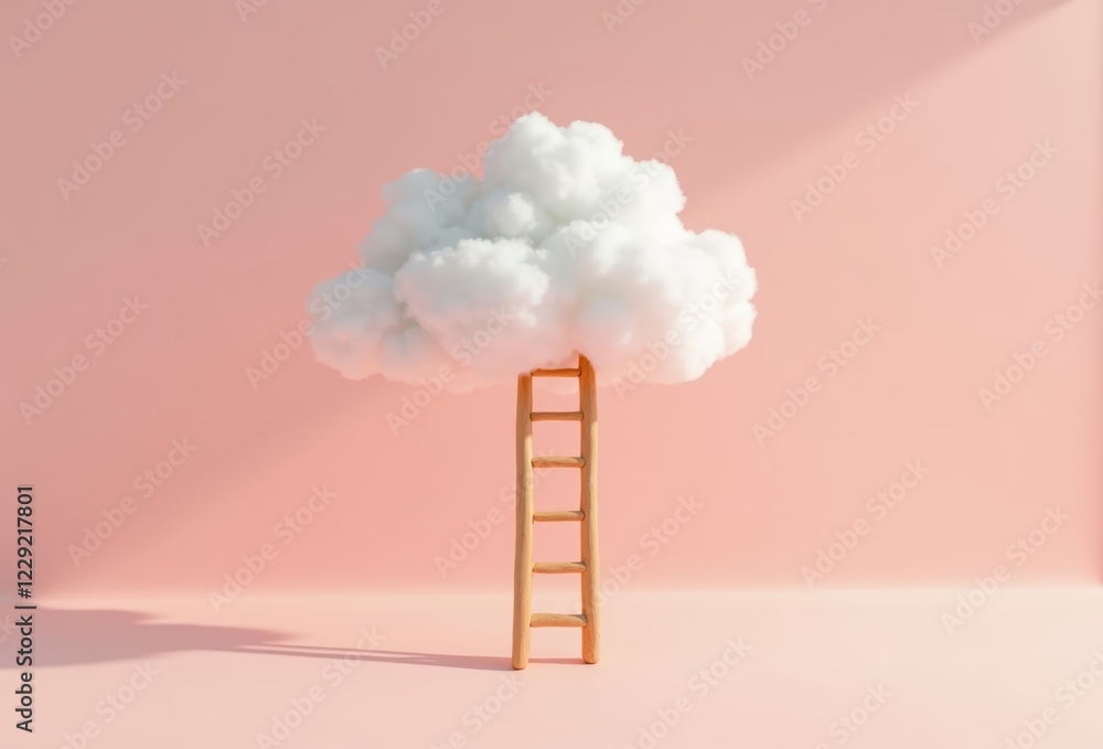 Wooden ladder reaching to fluffy white cloud against candy-pink ...