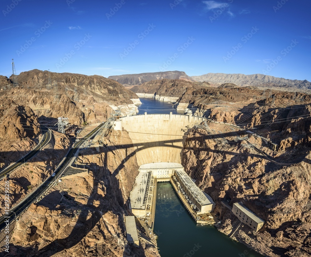 View from the Hoover Dam Bypass Bridge to the dam wall of the Hoover ...