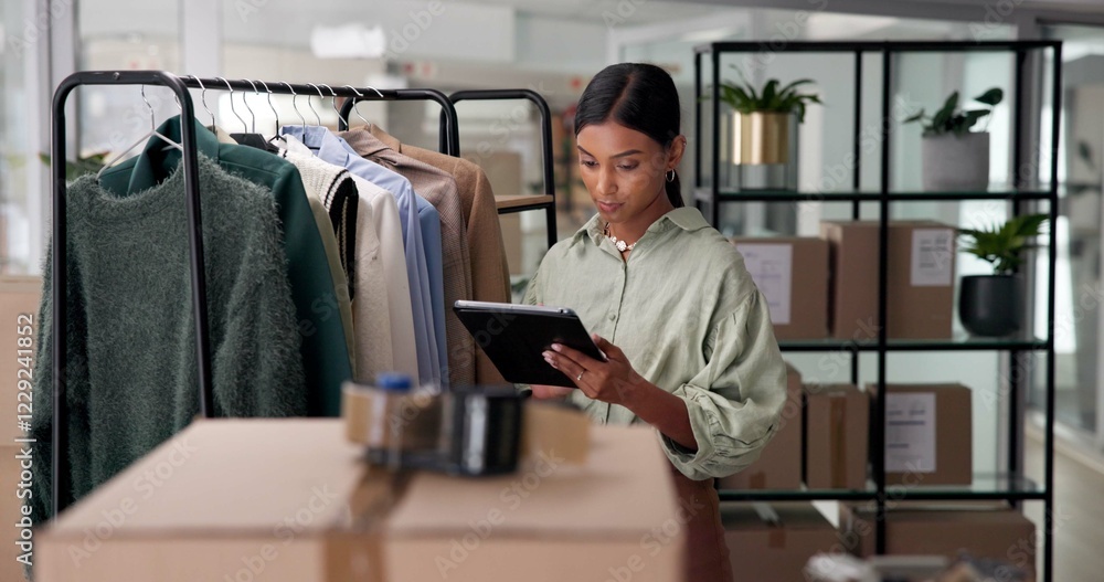 Woman, tablet and inventory check at clothing store, online and update ...
