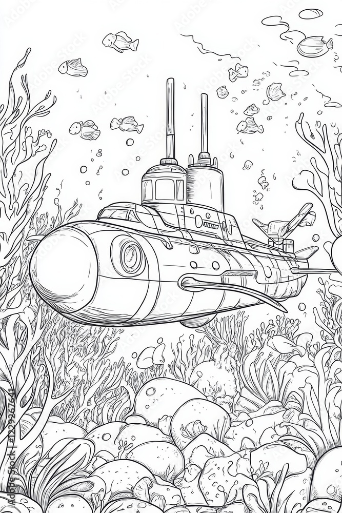 Submarine in the Ocean Coloring Page . Children coloring page Stock ...