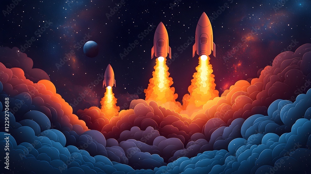 Spaceships firing lasers in an epic interstellar battle, flat vector ...