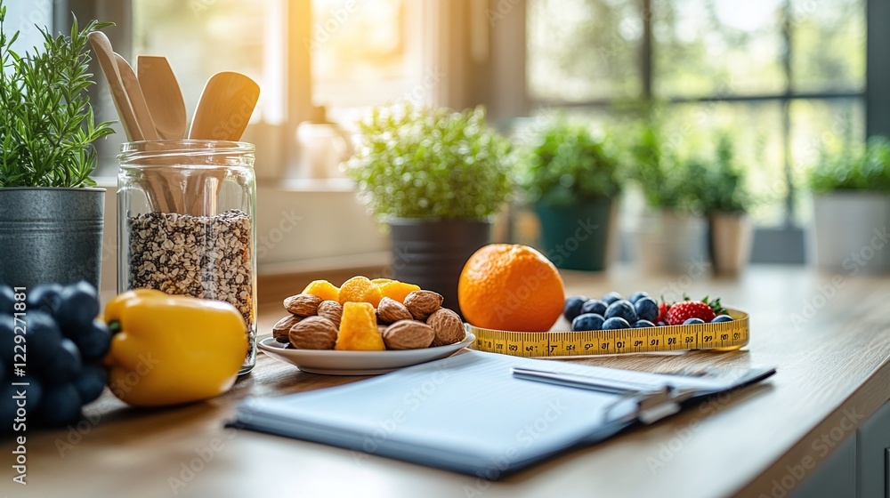 Clean kitchen counter with a fitness journal healthy snacks and a ...