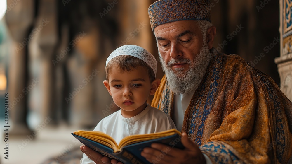 Father Teaching His Son to Recite Verses From the Quran , New ...