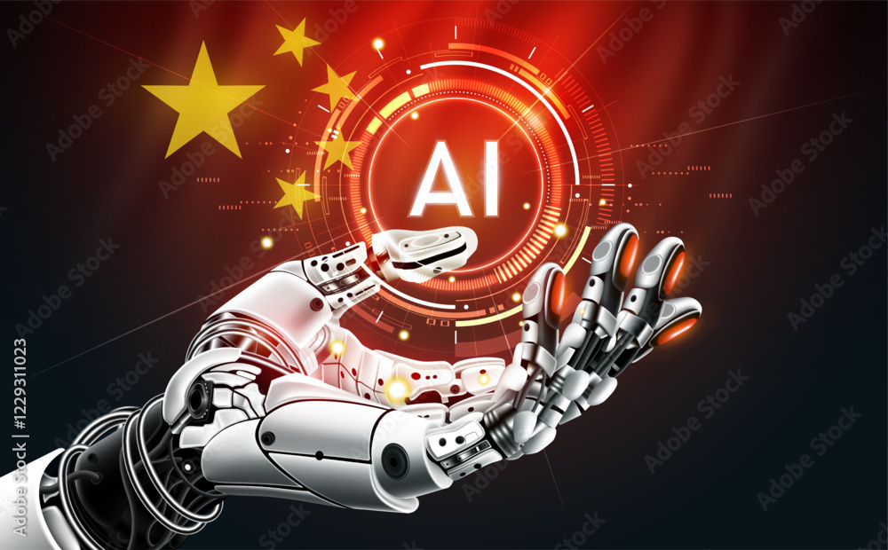 AI humanoid hand holding AI Logo hologram, Future Chinese artificial ...
