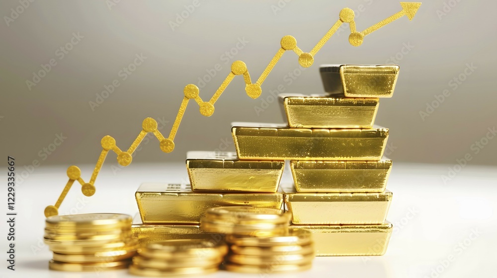 Symbol image for the rising gold price, stacked gold bars and coins, in ...