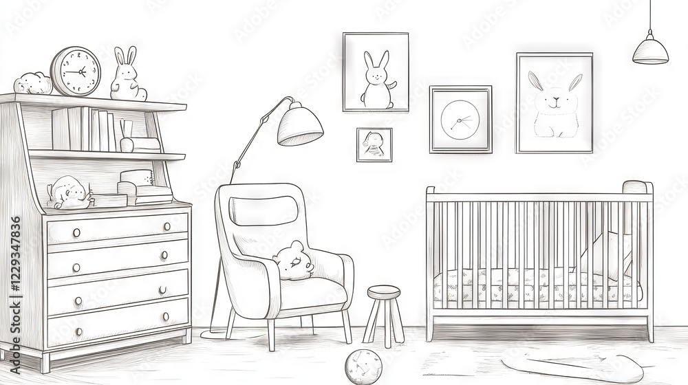 linear nursery interior drawing, vintage inspired lounge chair ...