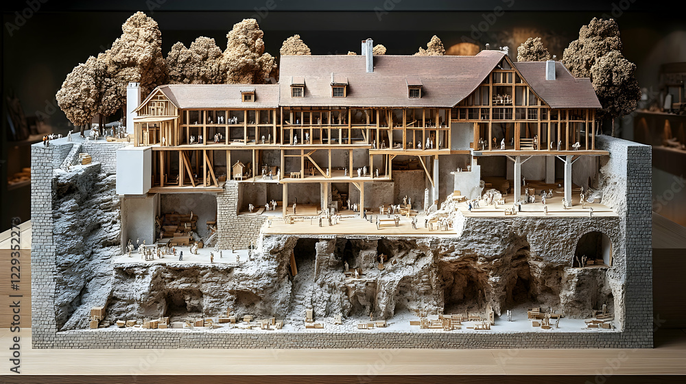 Architectural model cross-section of a historic building, revealing ...