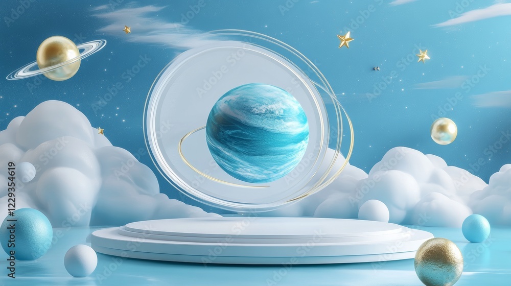 cosmic exhibition platform, rich blue space background, modern white ...