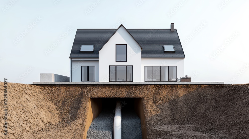 Cross-section view of a house and underground sewer pipe, highlighting ...