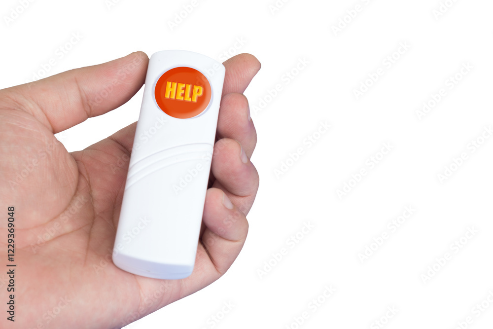Handheld red help button designed for emergency situations held in a ...
