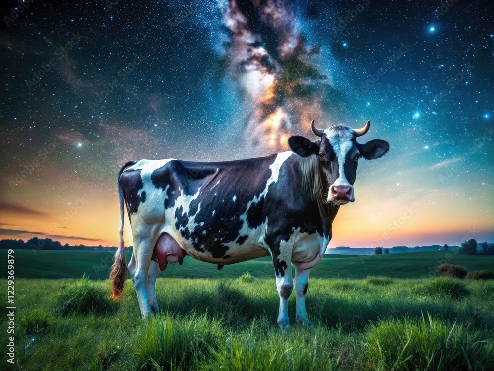 Black and white cow silhouetted against a breathtaking starry night sky ...