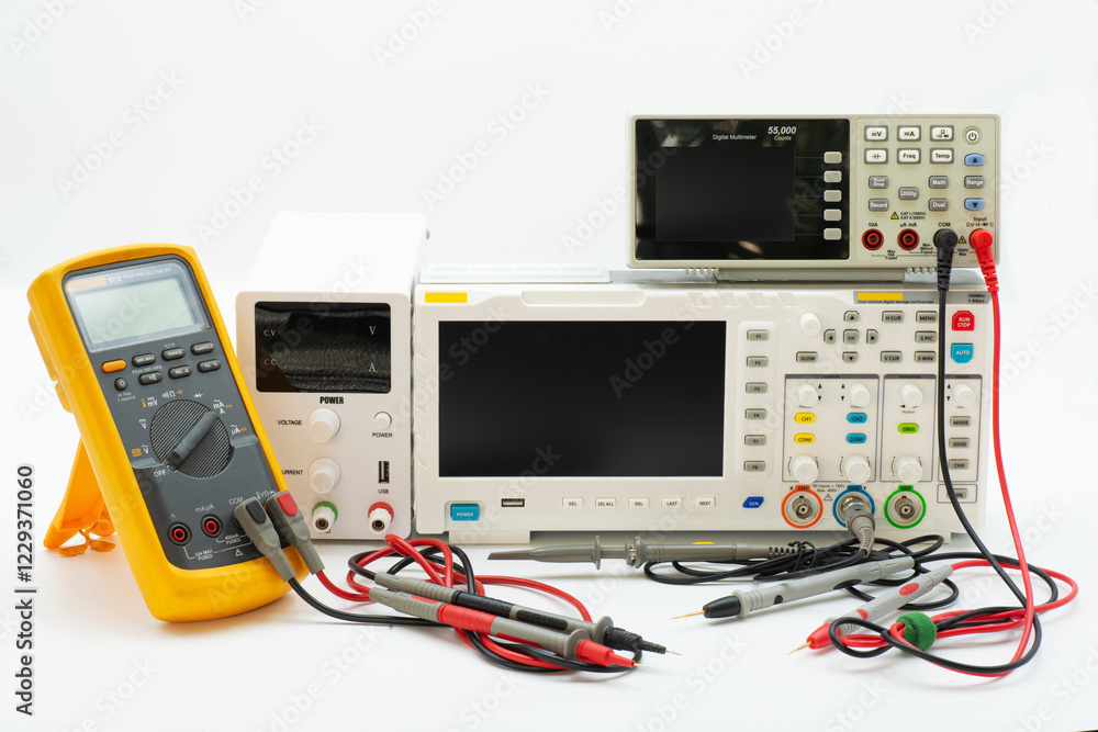 Electronics workbench showcasing multimeter, oscilloscope, and power ...