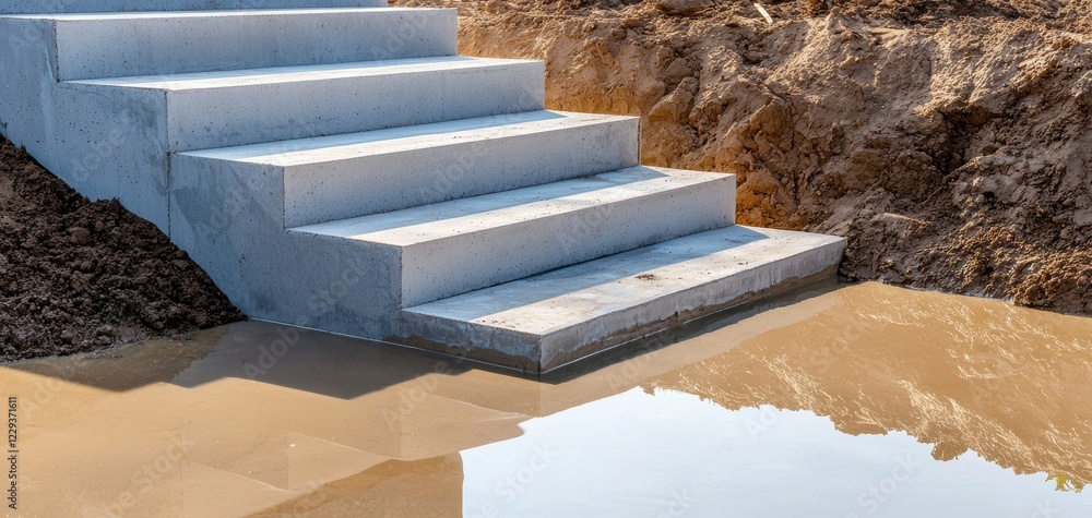 Concrete foundation with visible waterproofing layers in a construction ...