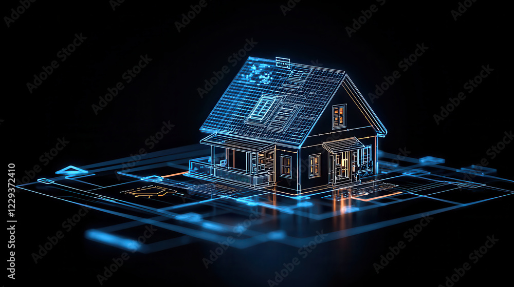 Futuristic hologram of 3D house design with blueprints, showcasing ...