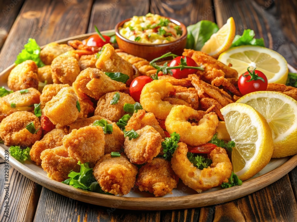 Indulge in a panoramic seafood feast: a close-up of a mixed fried ...