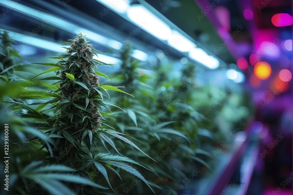 Cannabis dispensary interior with varieties of cannabis plants densely ...