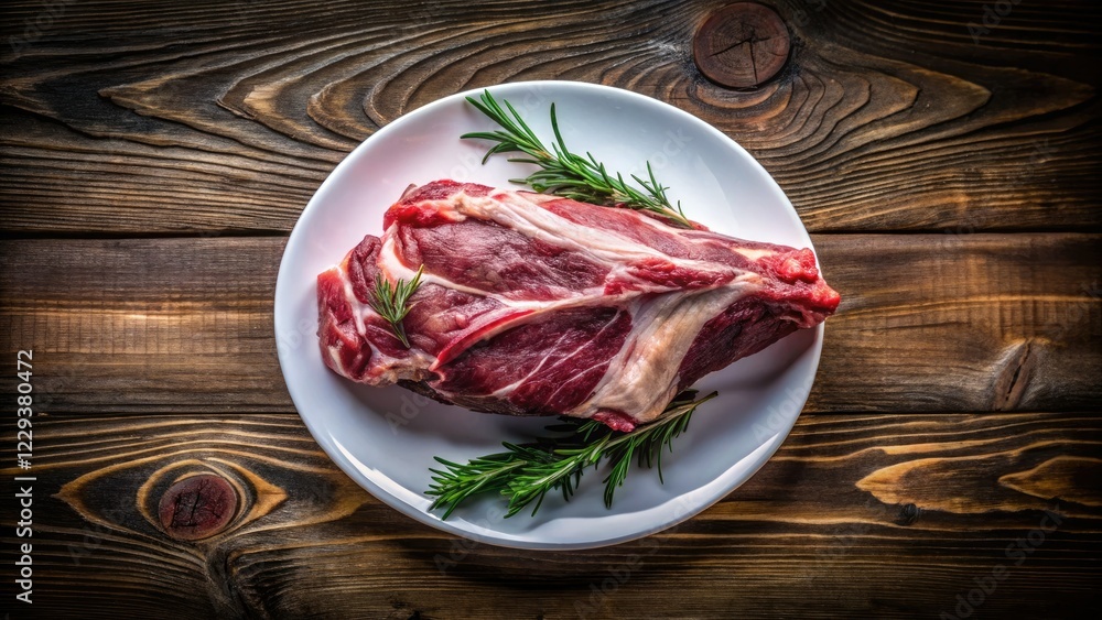 Overhead view of raw goat shoulder, richly textured, against a dark ...