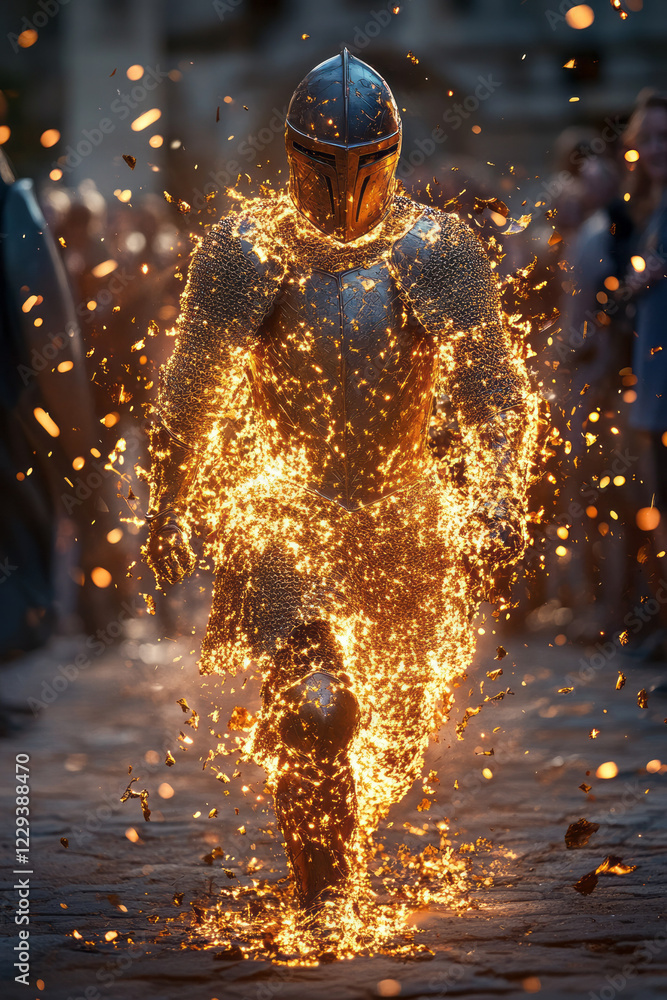 depicting metallic armor shattering into shards, symbolizing the ...