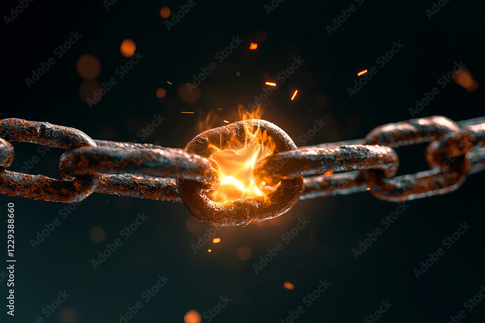 A creative depiction of a rusted iron chain link snapping at its ...