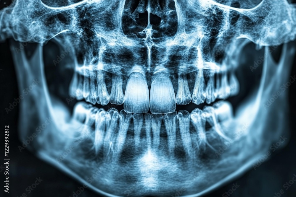 Detailed dental x-ray showing the upper and lower jaw structure with ...