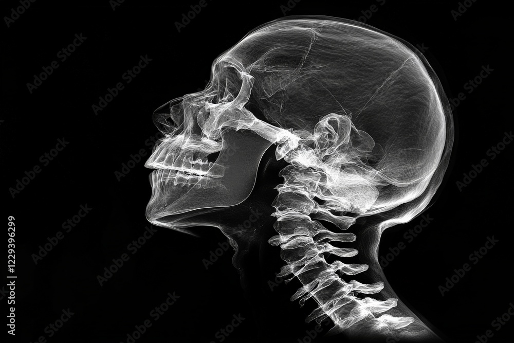 X-ray of a human skull and cervical spine displaying detailed bone ...