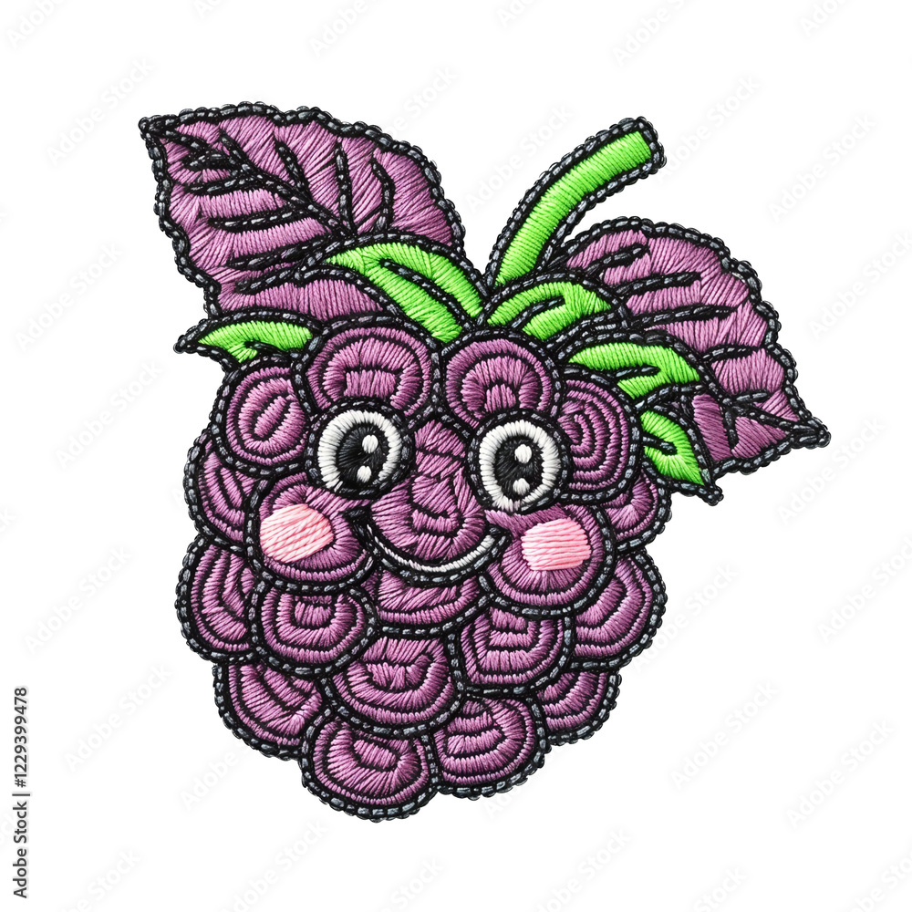 Smiling raspberry embroidered illustration with detailed stitching ...