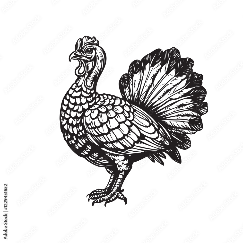 Vector of detailed black and white turkey illustration in vintage ...