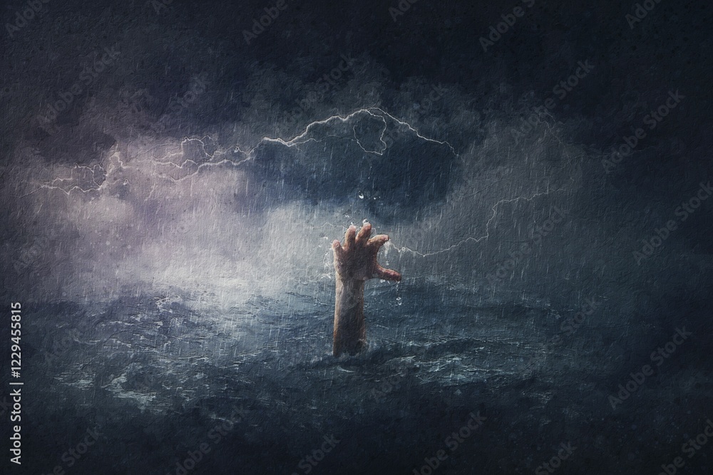 Surreal painting of a man drowning in the sea, lifting his hand up ...