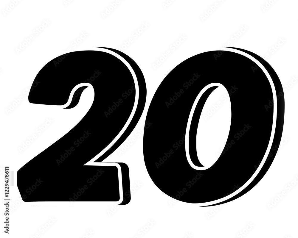 Stylized black number 20 on transparent background, with a bold, 3D ...