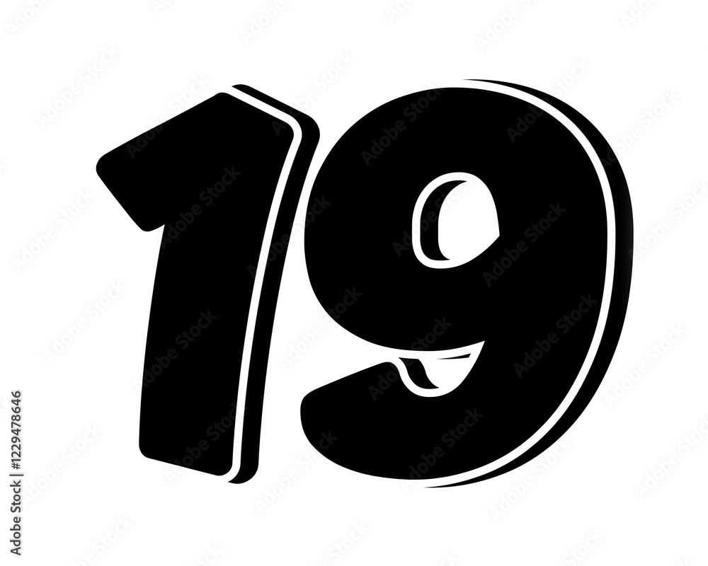Stylized black number 19 on transparent background, with a bold, 3D ...