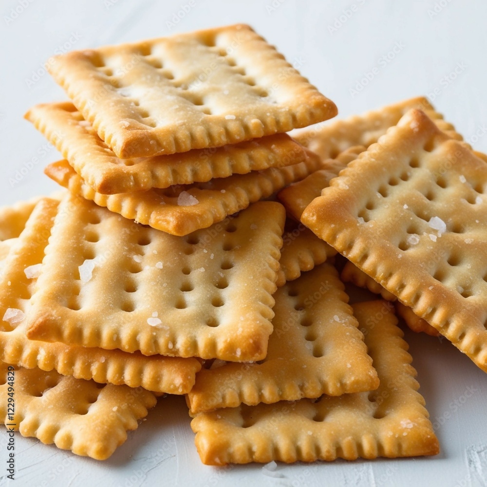 "Stack of square-shaped salted crackers with a golden-brown crispy ...