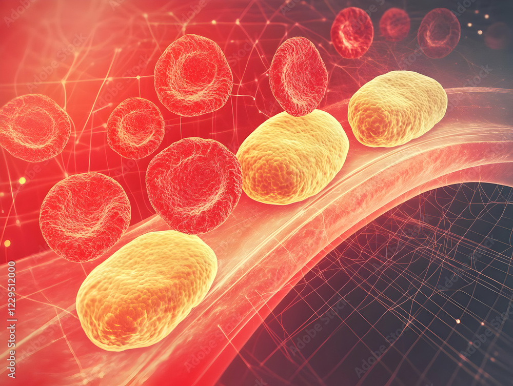 Red and White Blood Cells Flowing Through a Blood Vessel with Detailed ...