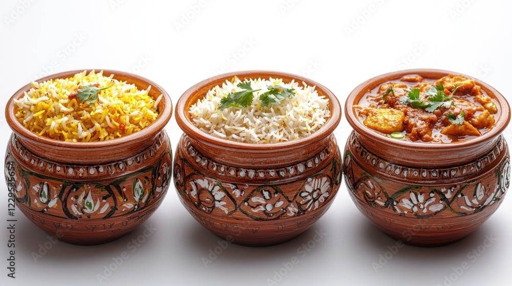 Indian rice dishes and curry served in terracotta pots on white ...