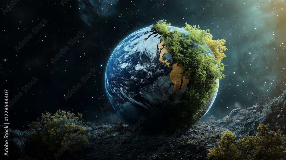 Planet earth with one half destroyed and one half preserved, earth day concept, environment ...