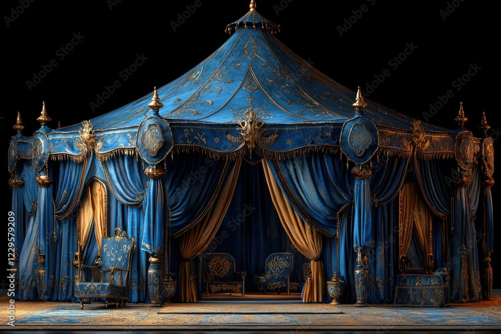 Ornate blue royal tent interior, desert backdrop, event/performance ...