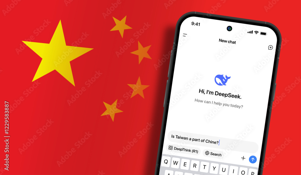 DeepSeek AI app chat seen on the smartphone and blurred Chinese flag on ...