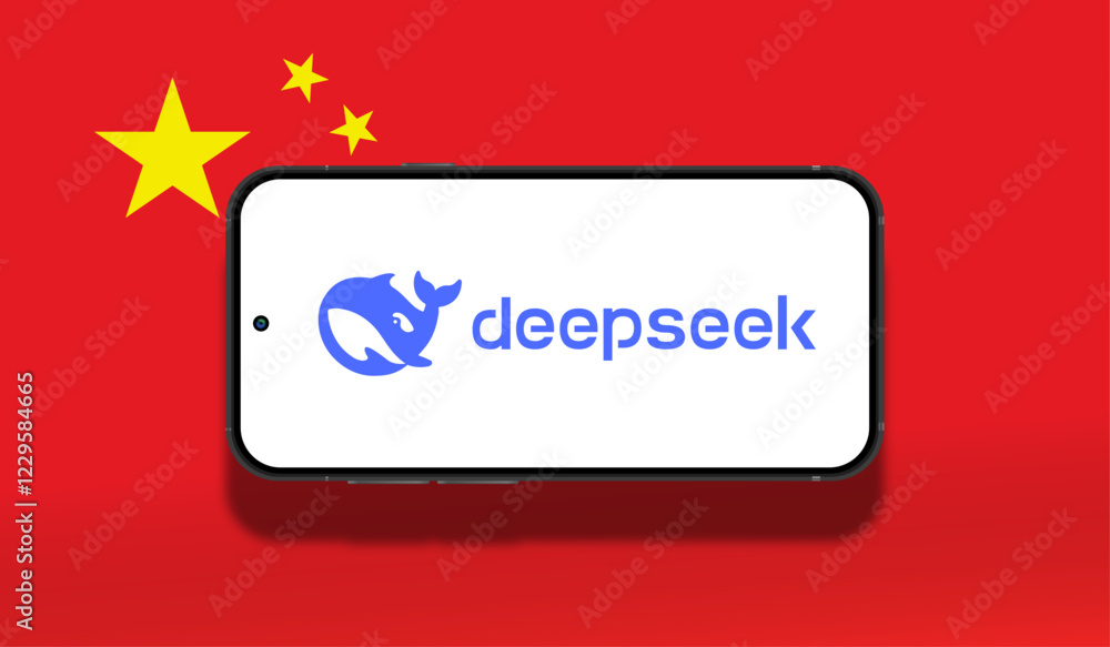 DeepSeek AI app chat seen on the smartphone and blurred Chinese flag on ...