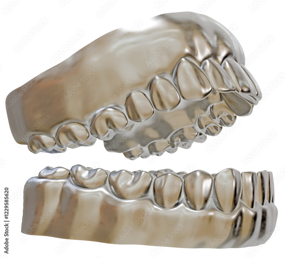 Artistic 3D render, chrome human jaw with teeth, isolated. Modern ...