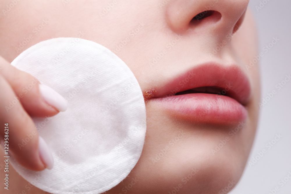Woman showing herpes disease on her lips. Treatment of viral infections ...