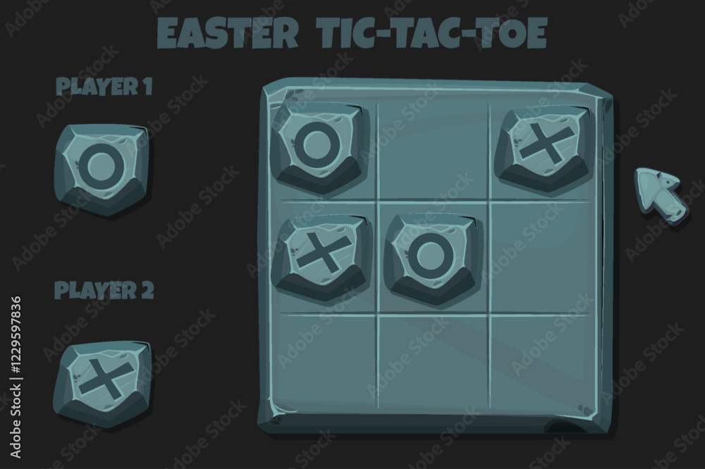 Tic-Tac-Toe stone style, UI game with cursor arrow. Vector cartoon ...